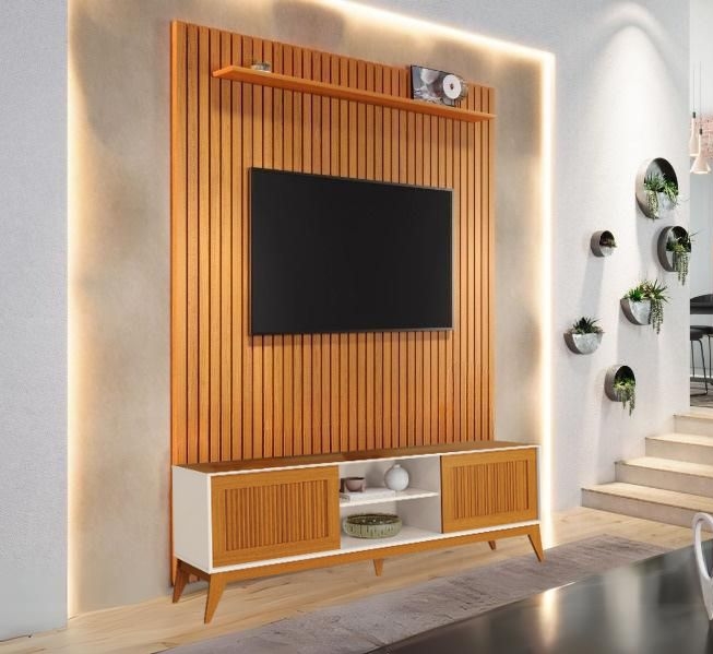 Painel Arbo Cedro + Rack King Off White/Cedro – EDN MÓVEIS – Lar Moveis